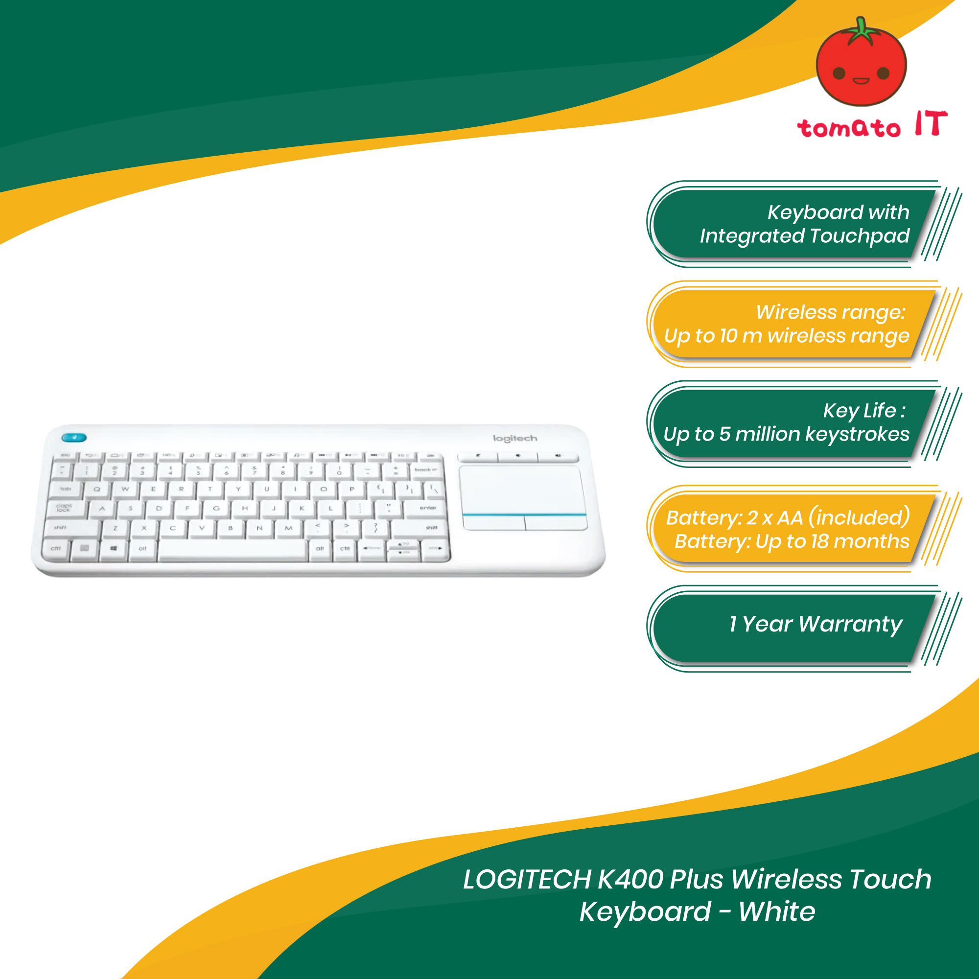 LOGITECH K400 Plus Wireless Touch Keyboard (Black, White) | Lazada