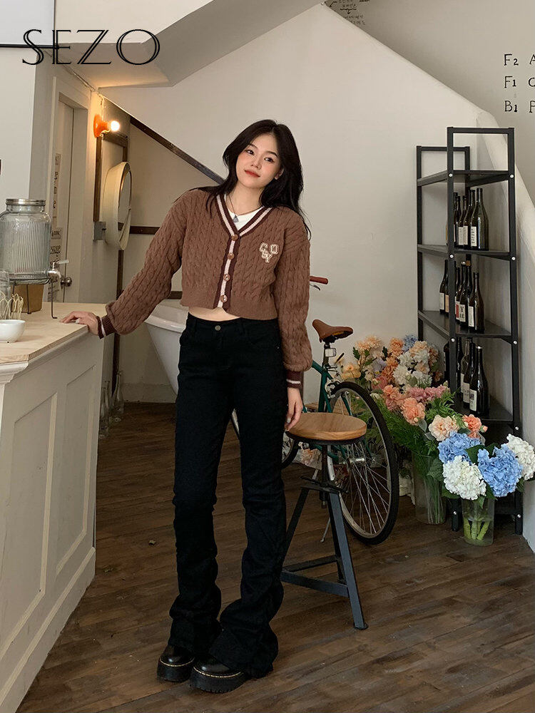SEZO เสื้อสเวตเตอร์ถักคอวีสั้นสไตล์เกาหลีสำหรับผู้หญิง | Lazada.co.th