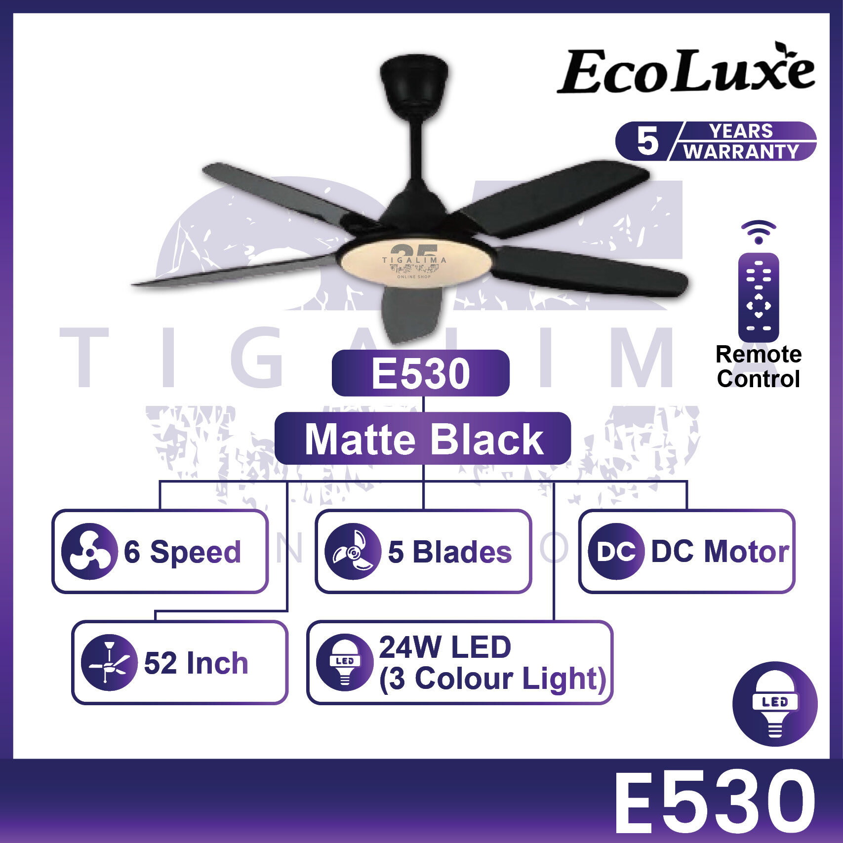 ECOLUXE Fan ECOLUXE E530 ECO-530 52" 5 Blades 6 Speed DC Motor Remote ...