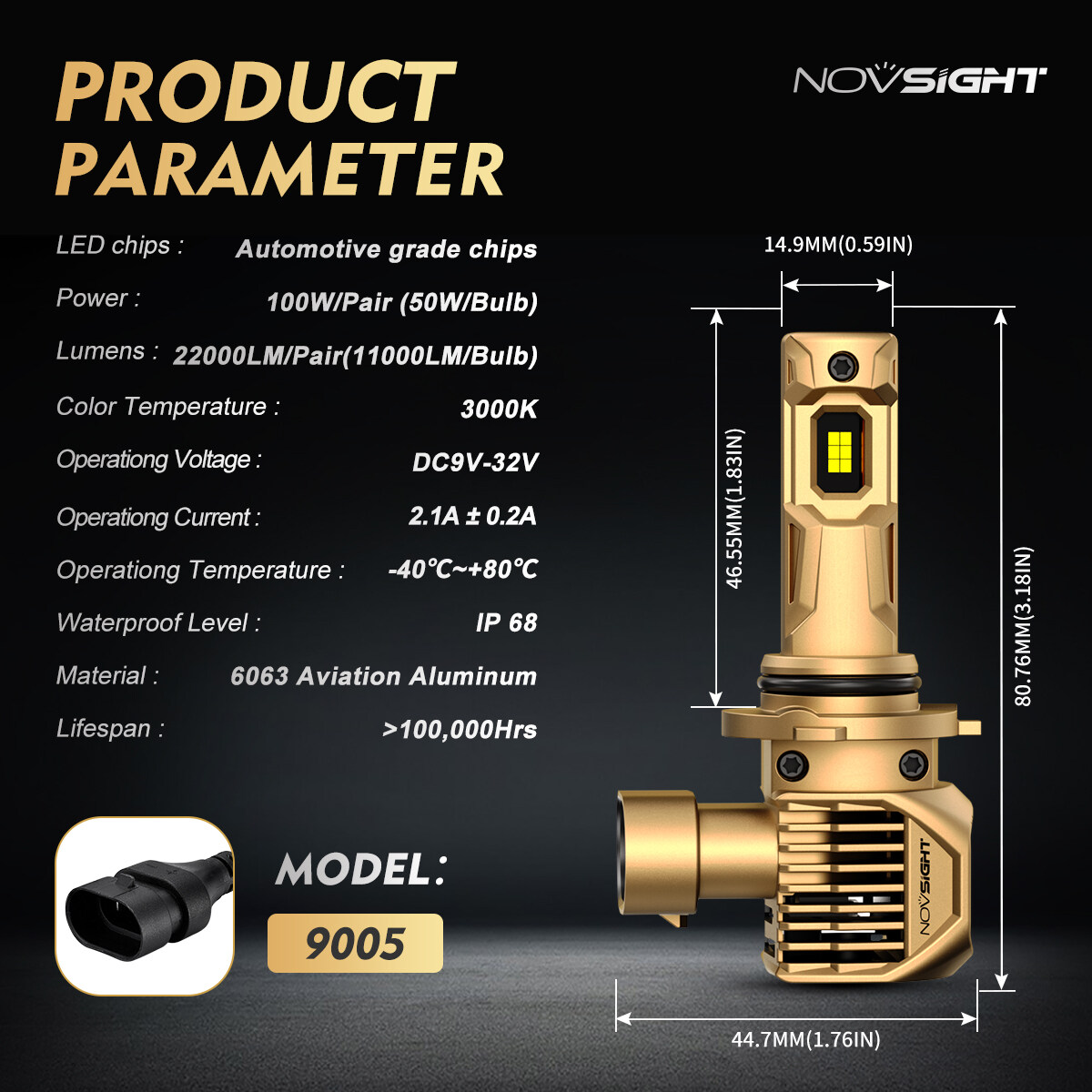 Yellow Light Novsight N62Y LED Headlight Bulb 9005 9006 9012 H4 H7 H11 LED Light for Car High ...