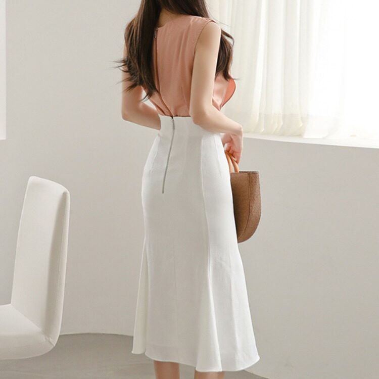 Fashion Womens 2pcs Suit Set Pink V Neck Shirt White Wrap Skirt