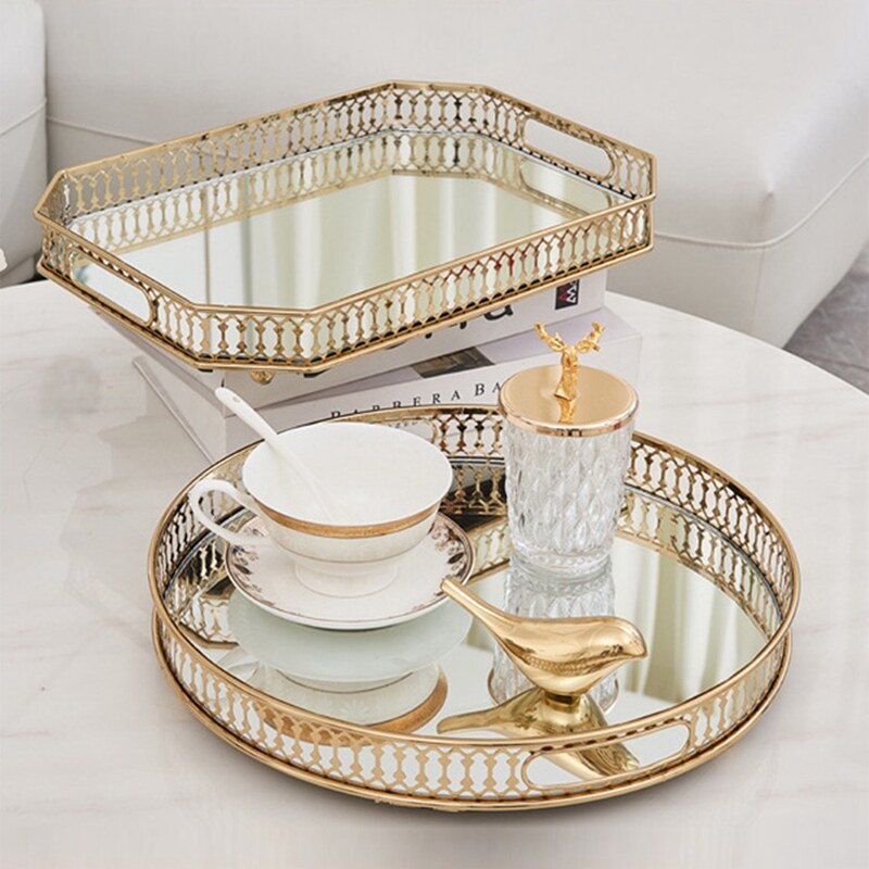 Gold Mirror Glass Metal Tray Makeup Organizer Dessert Serving Plate ...