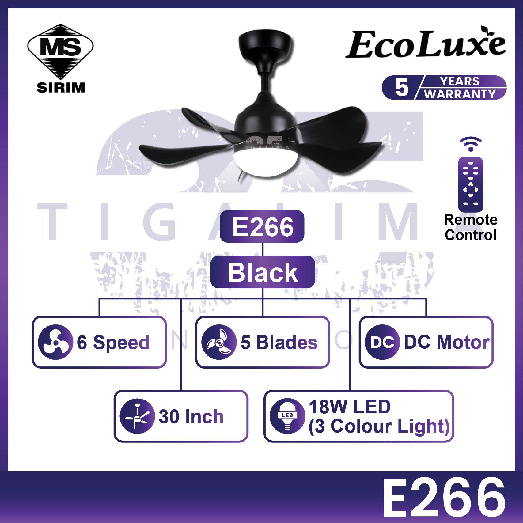 ECOLUXE Baby Fan E266 30 Inch 6 Speed Forward + Reverse With DC Motor 3 Color LED Light Ceiling ...