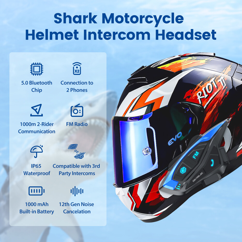 GEARELEC Shark Motorcycle Bluetooth Intercom Headset 2-Rider 1000m ...