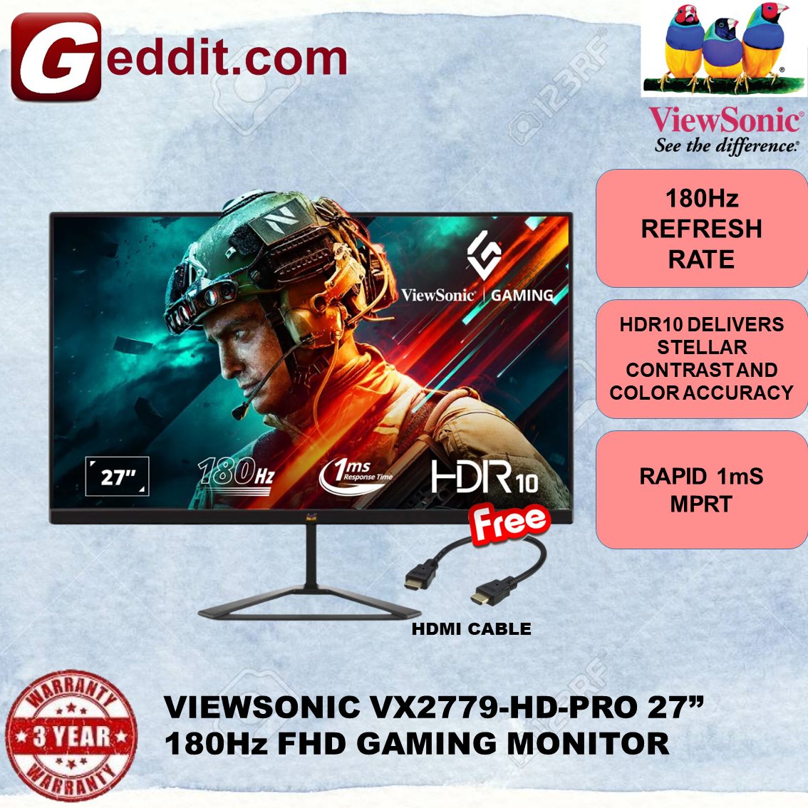 VIEWSONIC VX2779-HD-PRO 27” 180Hz FHD GAMING MONITOR - FREE HDMI CABLE | Lazada