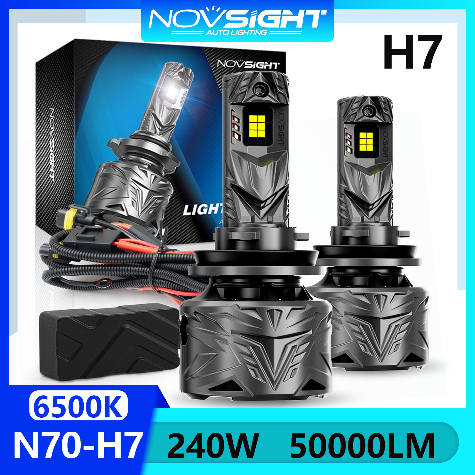 Novsight N70 6500K Super Bright LED Lights for Car H7 ED Headlight Bulb High Beam Low Beam 240W ...