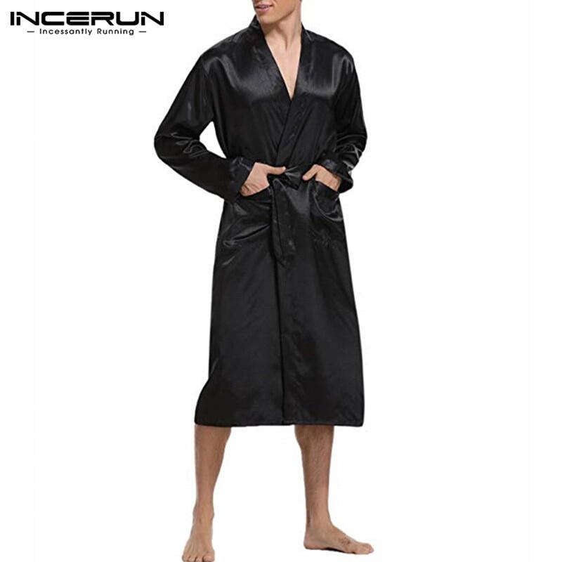 INCERUN Mens Silk Satin Robes Pajamas Long Sleeve Solid Sleepwear ...