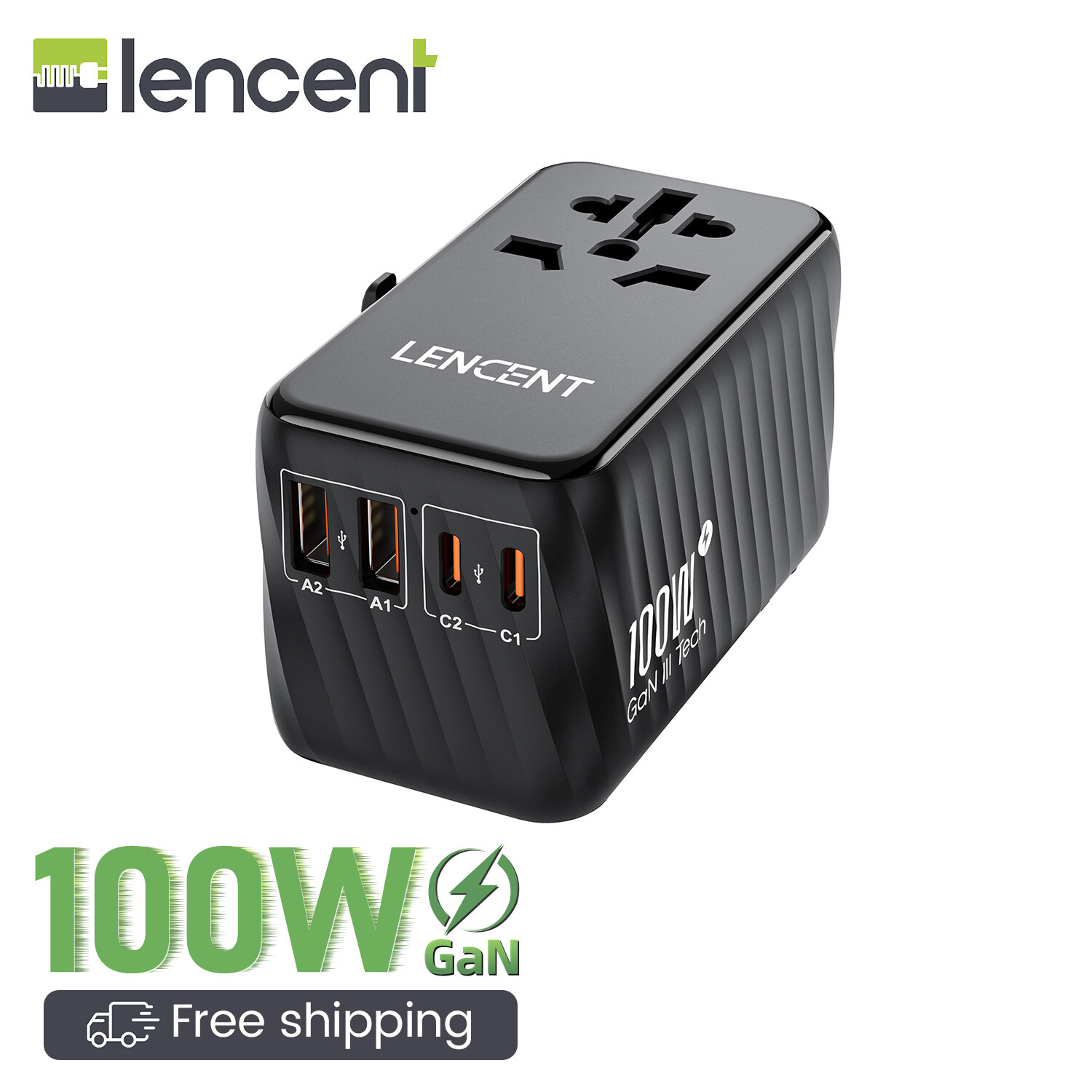LENCENT 100W GaN Universal Travel Adapter, International Fast Charger with 2 PD3.0 Type C+2 QC ...