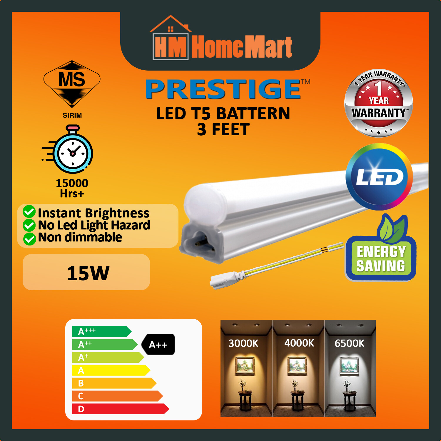 PRESTIGE T5 LED Batten 1FT/2FT/3FT/4FT (3000K/4000K/6500K) (1 Year ...