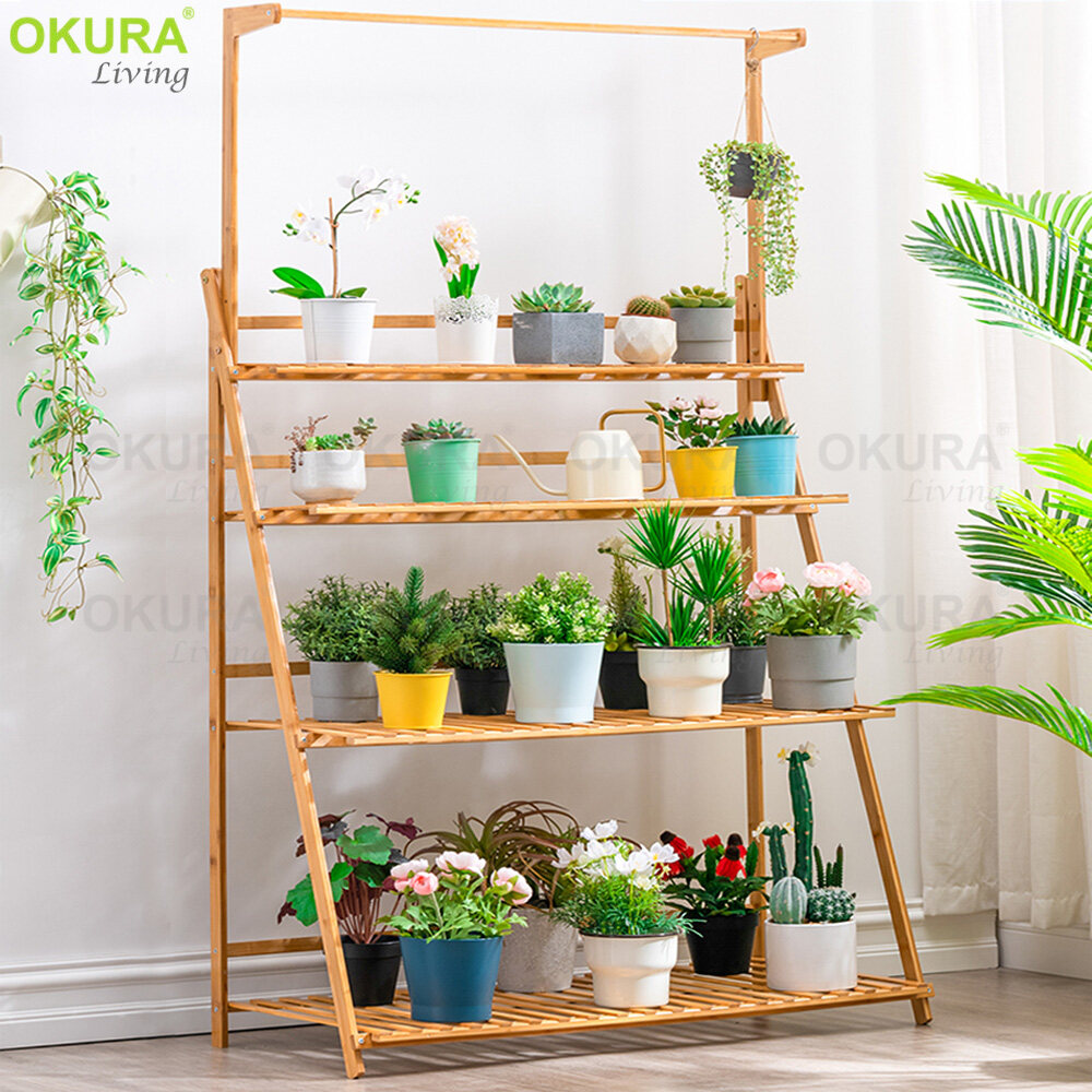 OKURA Bamboo Flower Garden Rack with Stand Rak Pasu Bunga Indoor ...