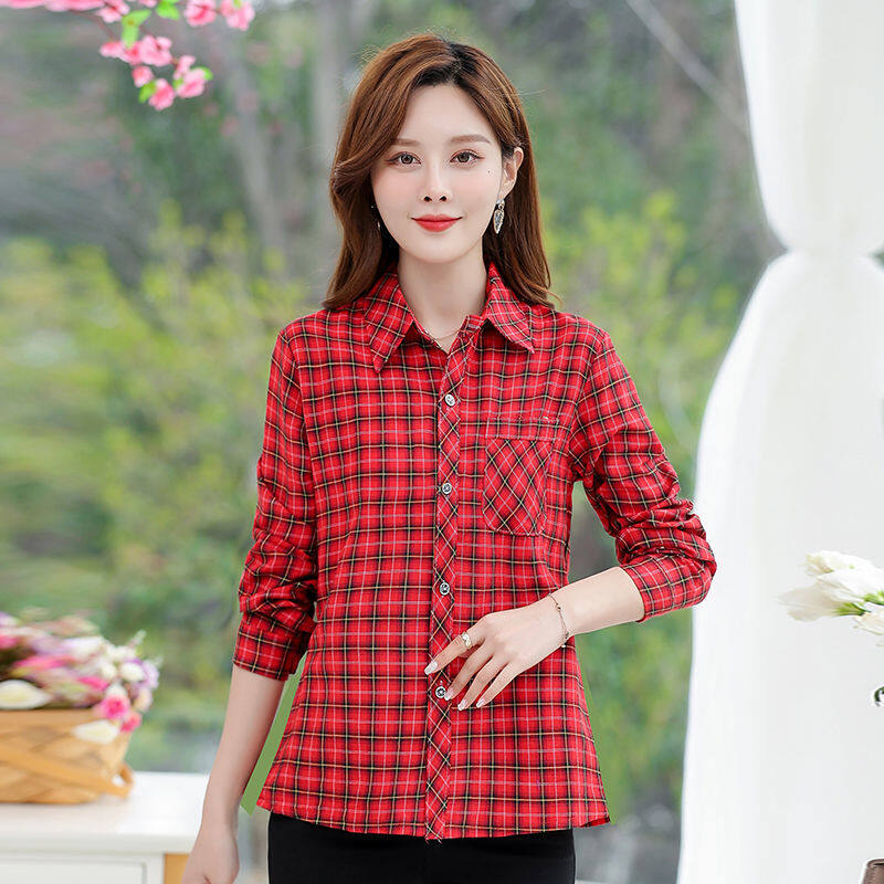 เสื้อเชิ้ตแขนยาวสำหรับผู้หญิง เสื้อลายสก็อตแบบลำลองทรงหลวมใส่ได้ทุก