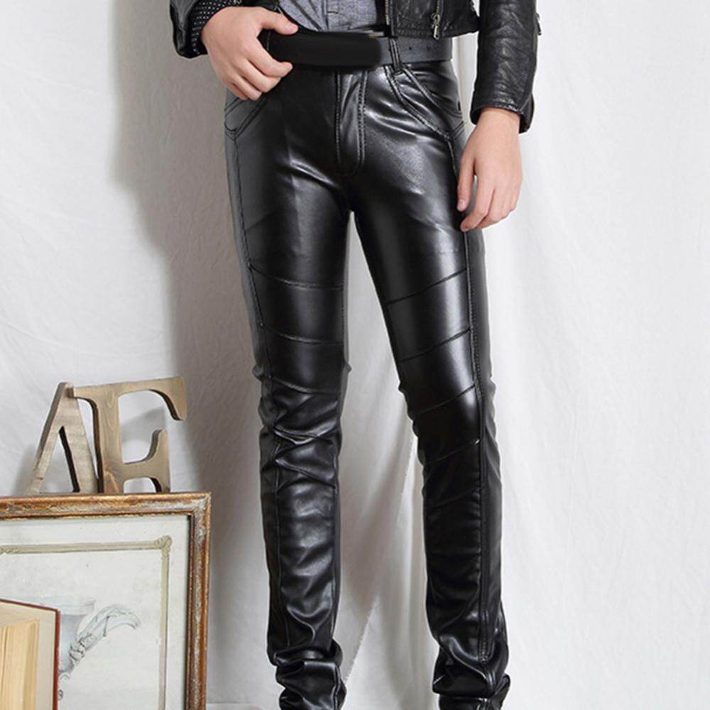 2021 New Men's Pants Solid Color Faux Leather Multi Pockets Skinny ...