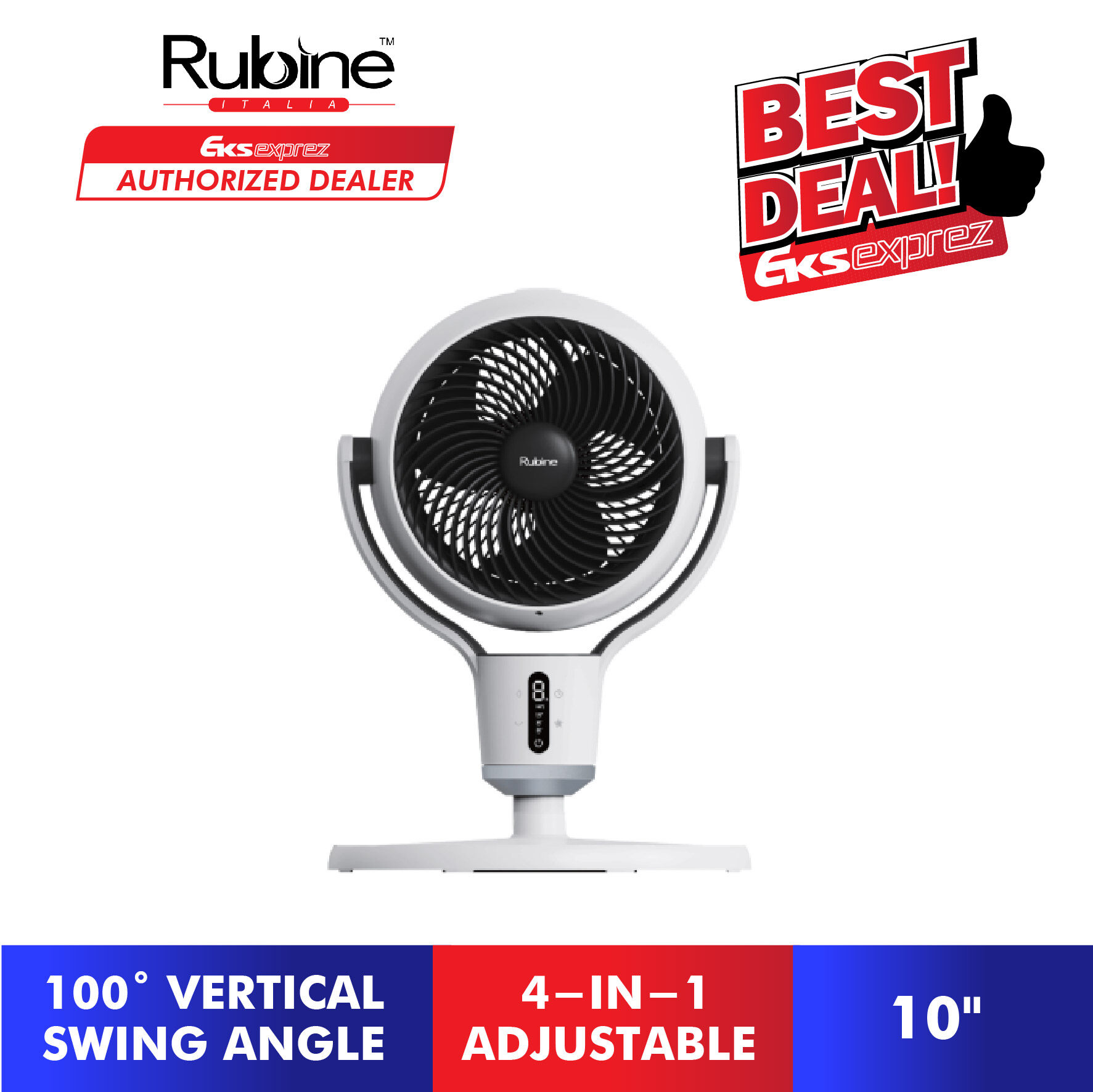 Rubine 4-in-1 Adjustable Fan 10" ROF-ROTERA-MW Air Circulation Fan ...