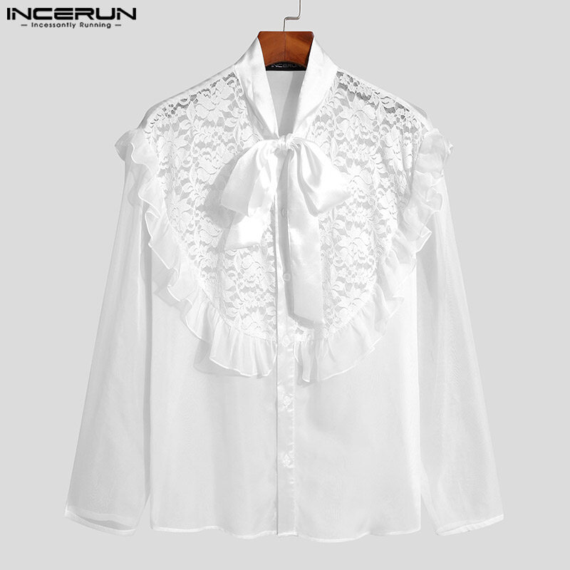 INCERUN เสื้อซีทรูบุรุษแขนยาวลูกไม้เชียร์เสื้อผูกพรรคชุด (ชุดลำลอง) #3 ...