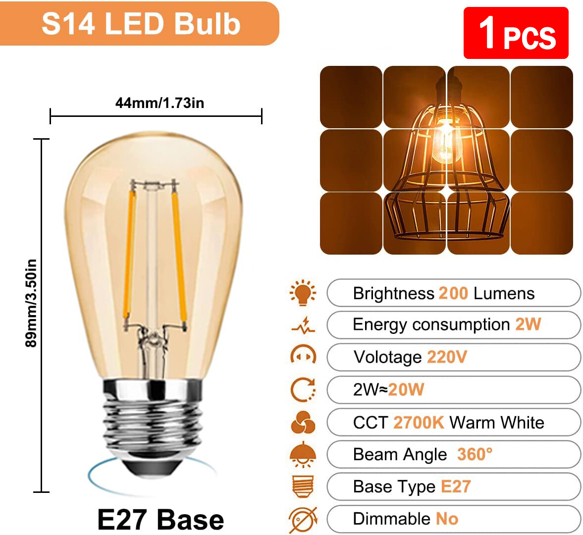 E27 Vintage LED Edison Bulb 1W 2W S14 Plastic LED Filament Bulbs 2700K ...