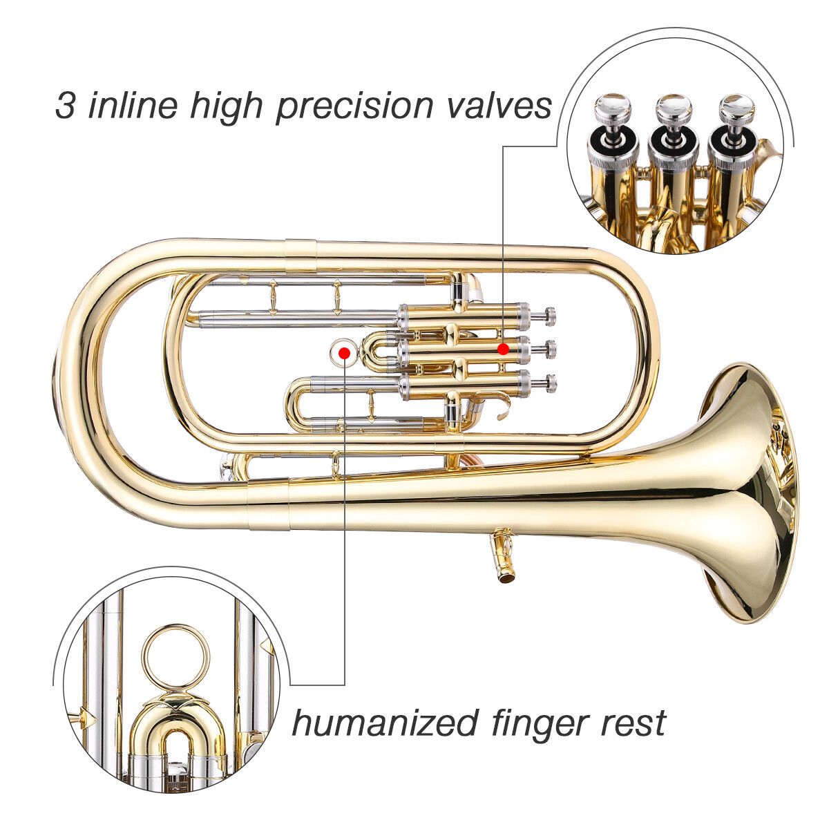 Brass B Flat Baritone Horn Bb Piston-Style Gold Lacquer Surface Wind ...