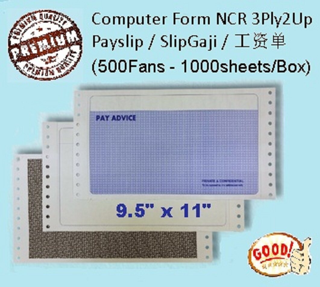 Computer Form NCR Payslip/SlipGaji/工资单3Ply2Up - 9.5” X 11'' (500 Fans ...