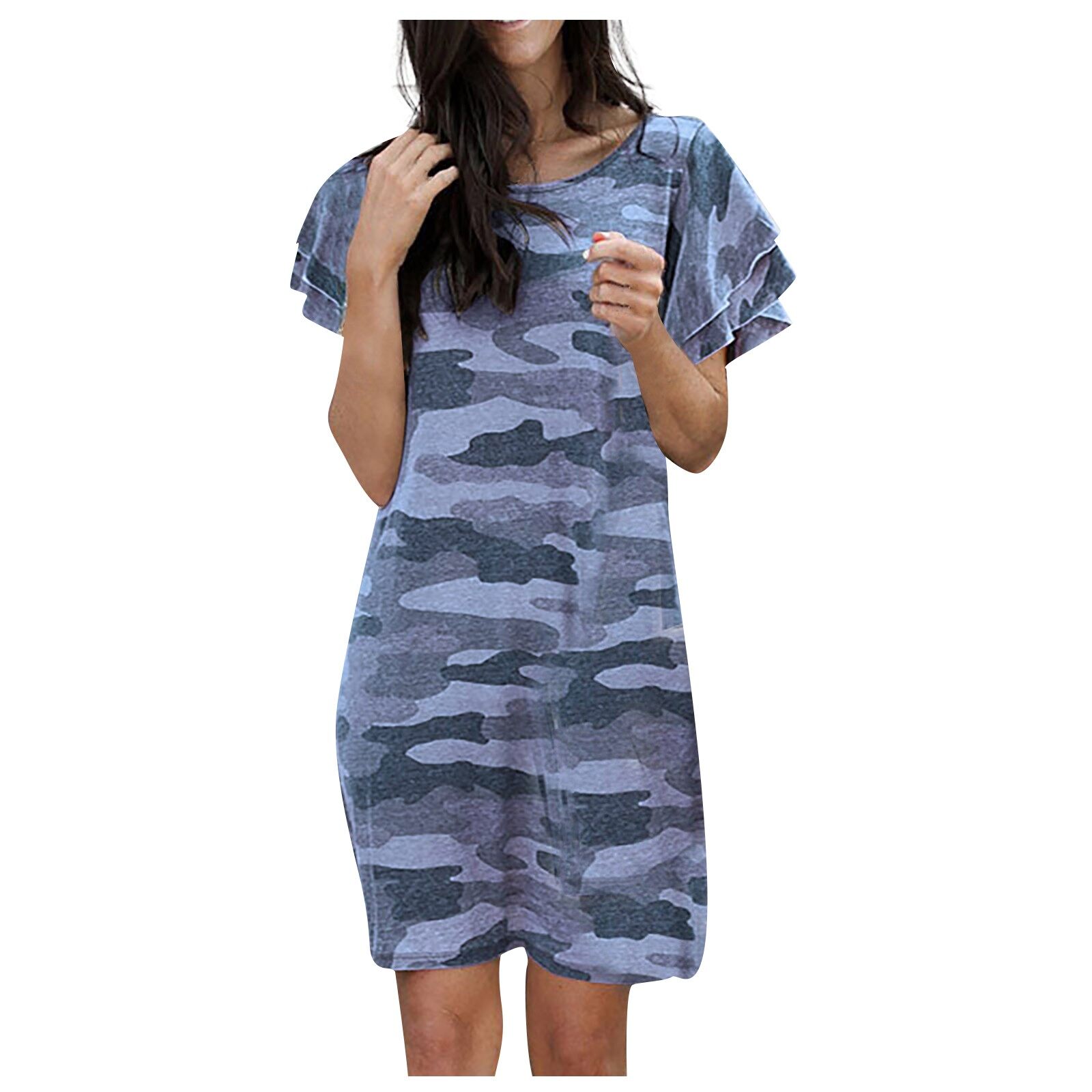 FDBG ชุดเดรสลำลองของผู้หญิง,ชุดเดรสทรงหลวมแขนสั้นพิมพ์ลายพรางคอกลม ...