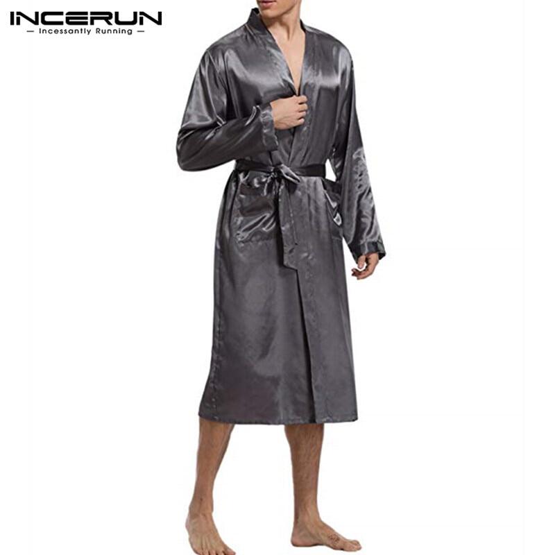 INCERUN Mens Silk Satin Robes Pajamas Long Sleeve Solid Sleepwear ...