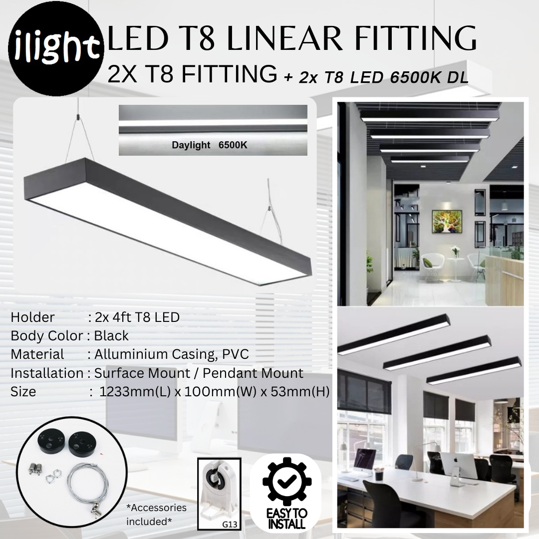 LED T8 4ft LINEAR CASING SINGLE DOUBLE FITTING OFFICE LIGHT HANGING ...