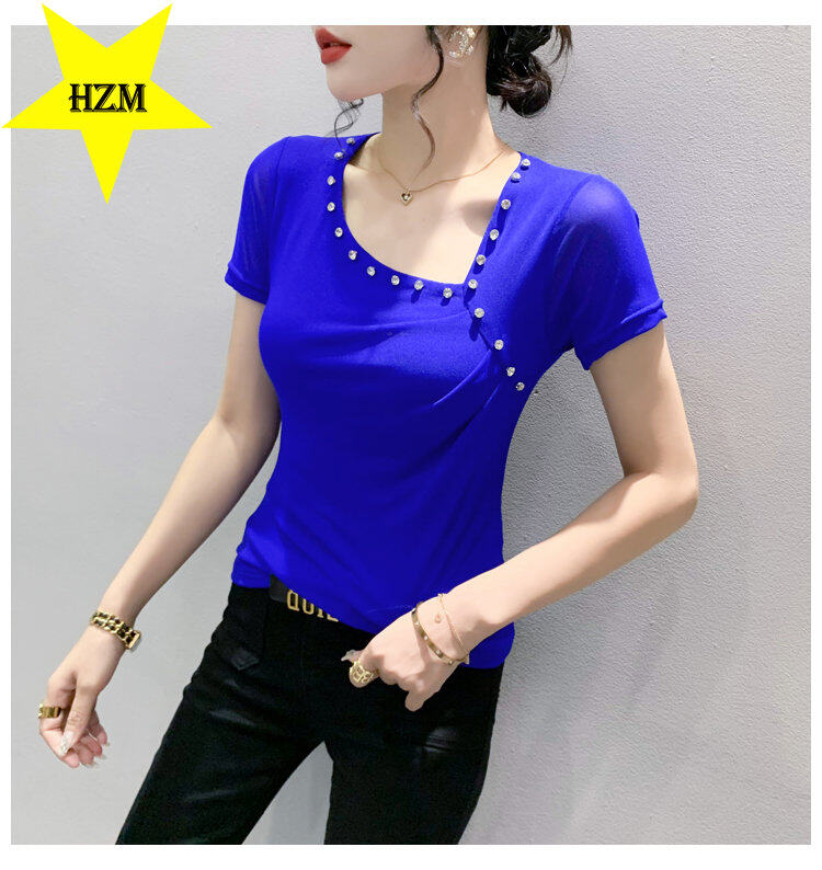 HZM 2023ฤดูร้อนเสื้อผู้หญิงแขนสั้น,เสื้อยืดลูกปัดกระดูกไหปลาร้าน้ำค้างแบบไม่สม่ำเสมอเสื้อคู่ ...