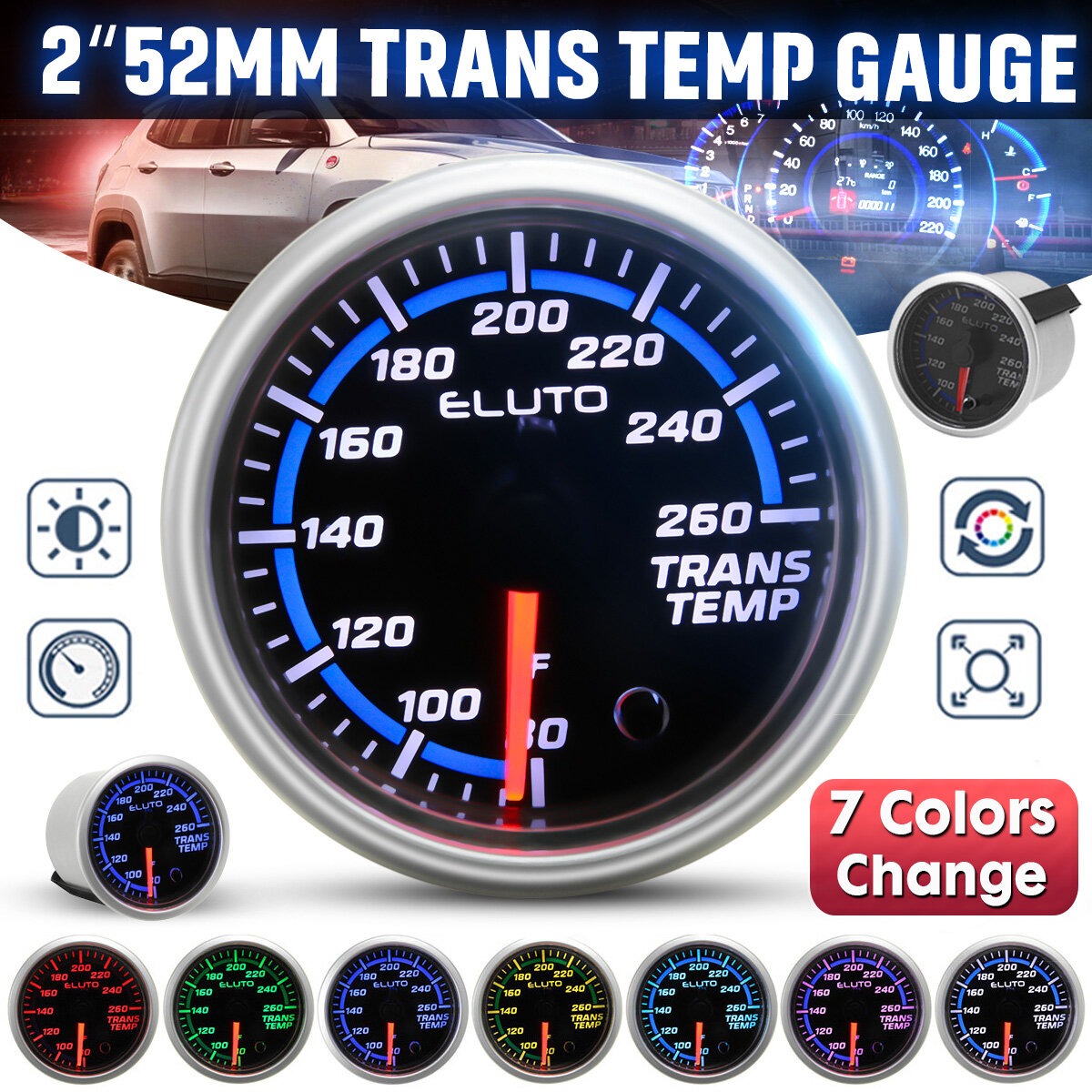 1ชิ้น2 "52มิลลิเมตร80-260 °F วัดอุณหภูมิเกียร์7สี LED สีดำใบหน้ารถเมตร + เซ็นเซอร์ - BuBucar ...