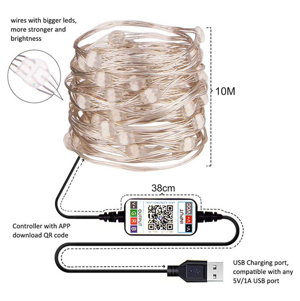 Vanker-10M 100LED สมาร์ท Fairy ไฟ RGB เปลี่ยนไฟ String กันน้ำ USB ชาร์จโทรศัพท์บลูทูธ APP ซิงค์ ...