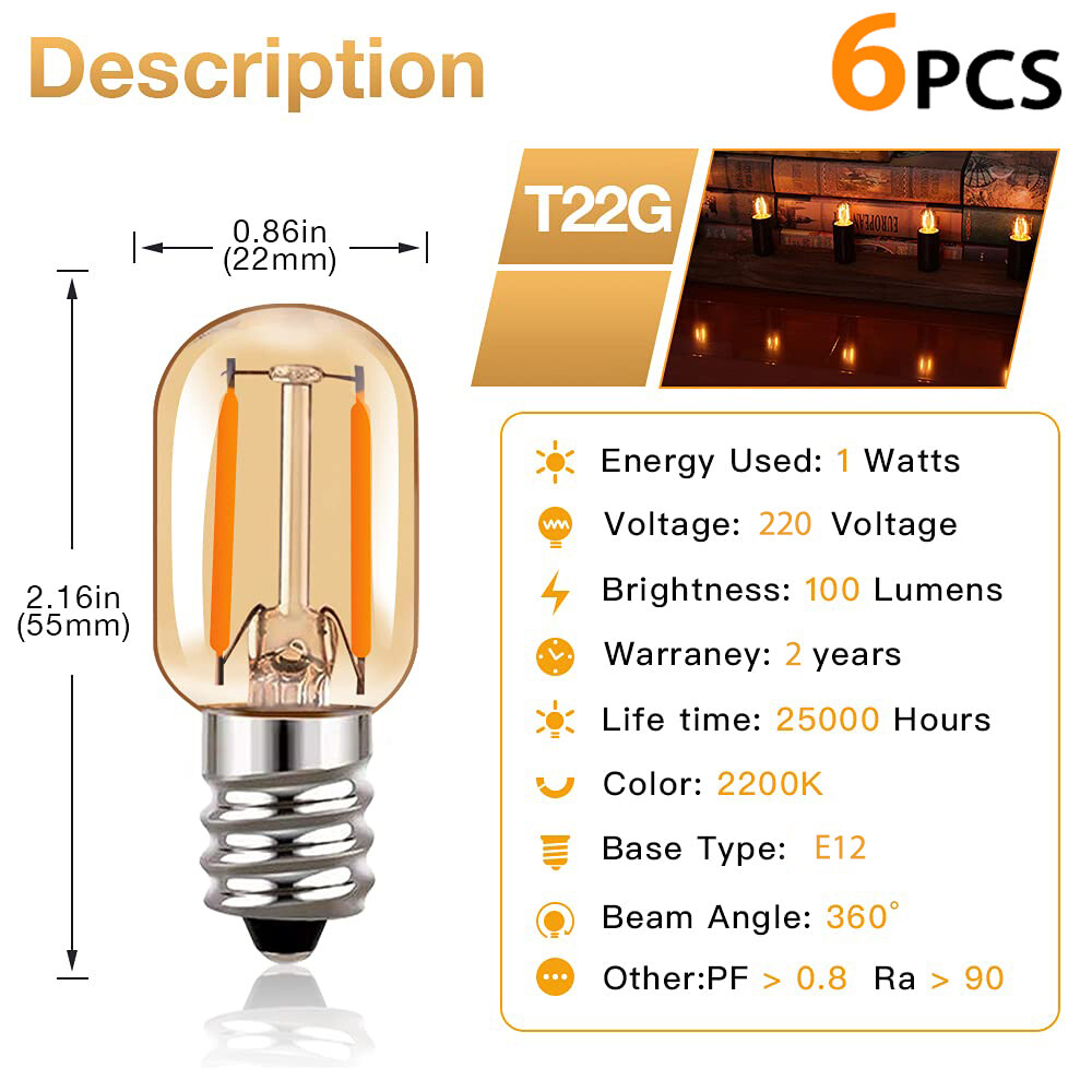 E12 E14 Retro LED Bulb Lamp 220V 1W Dimmable Light Bulb T22 Vintage 2200K Warm White Tubular ...