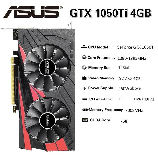 1 ASUS กราฟิกการ์ด GTX 1050 Ti 4GB Placa De วิดีโอกราฟิกการ์ด GPU ...