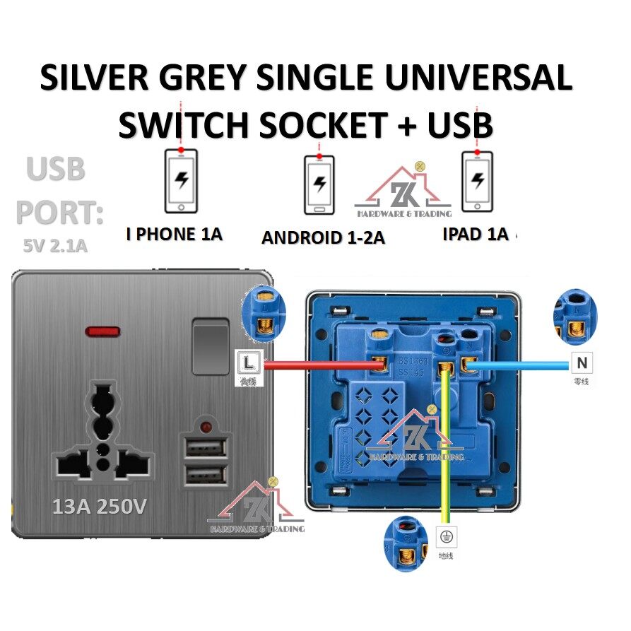 SILVER SWITCH SOCKET GREY USB SWITCH SOCKET SINGLE DOUBLE SOKET PLUG ...