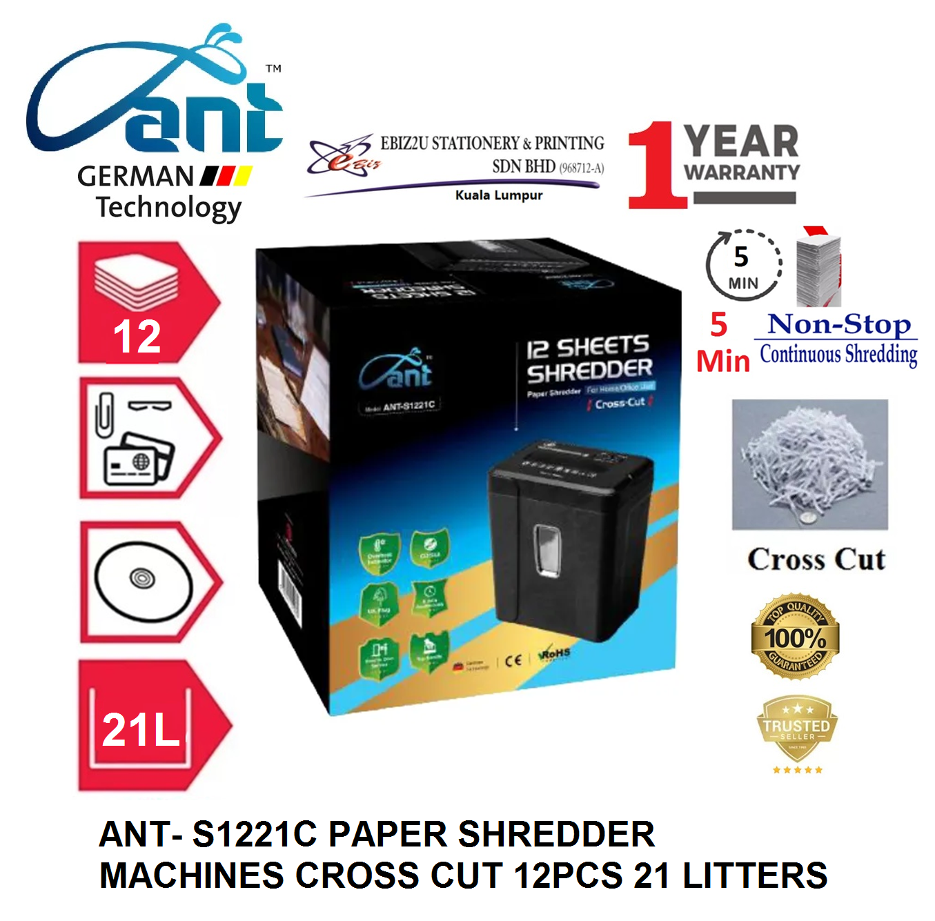 ANT- S1221C PAPER SHREDDER MACHINES CROSS CUT 12PCS 21 LITTERS WITH 1 ...
