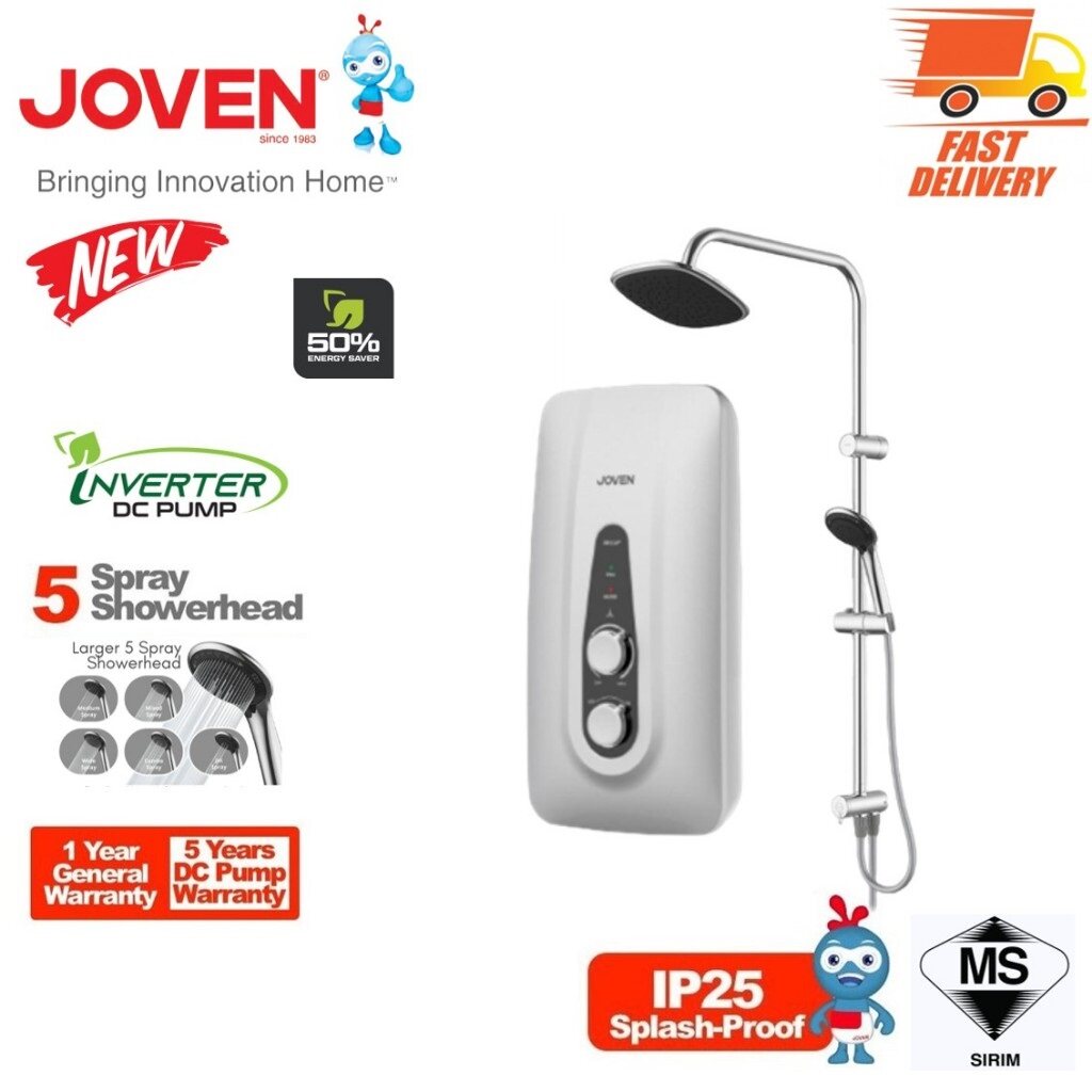 Joven Instant Water Heater (DC Pump/Rain Shower) Inverter SB11IP Series 5-Spray Pattern ...