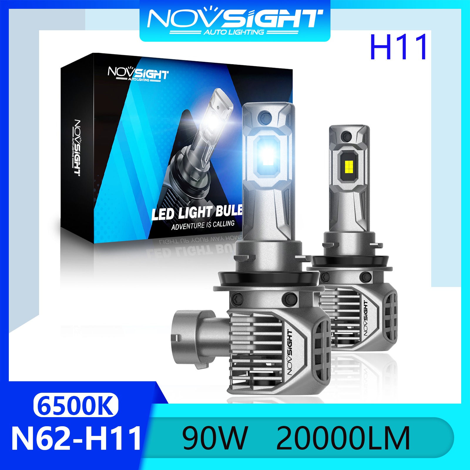 Novsight N62 H11 LED Headlight Bulb 90W 20000LM 6500K Cool White ...