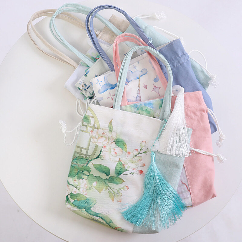 Cotton Crossbody Bag with Tassel Drawstring Pouch Purse Ancient Chinese ...