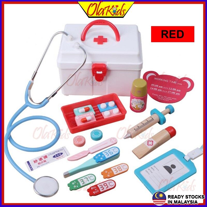 OLAKIDS Pretend Play Wood Doctor Toys Red Medical Kit Children Girl Boy ...