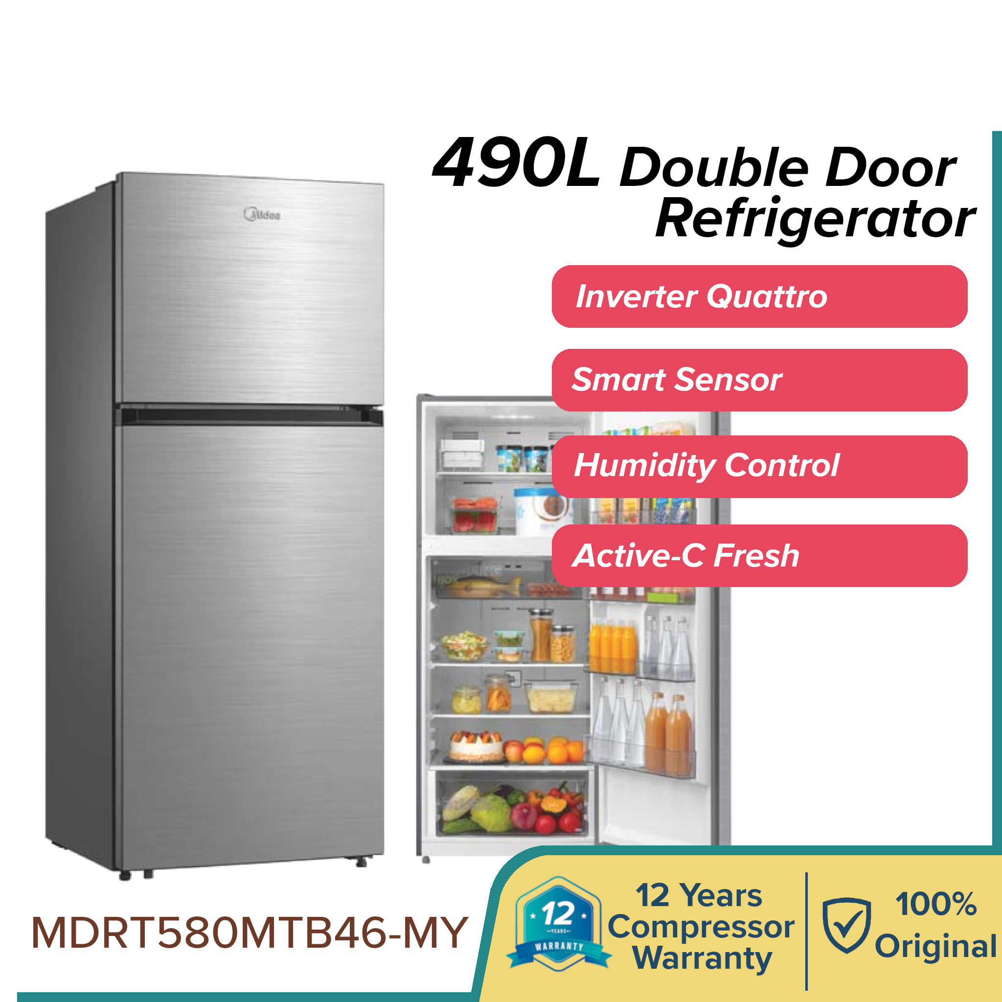 Midea 2 Door Inverter Fridge Refrigerator MDRT489MTB46 (400L ...