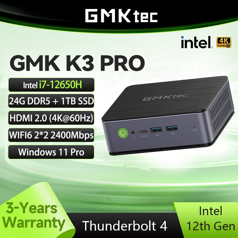 GMK K3 PRO Intel I7-12650H MINI PC DDR5 24GB M.2 SSD Windows 11 Pro WIFI 6 BT 5.2 4k Display ...