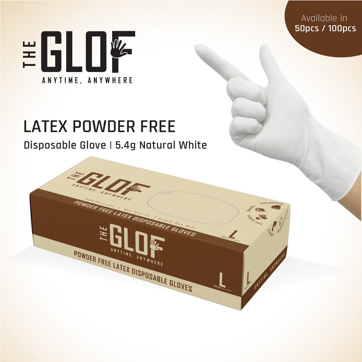 [50pcs/100pcs per box] THE GLOF Latex Disposable Glove, Powder Free, 5 ...