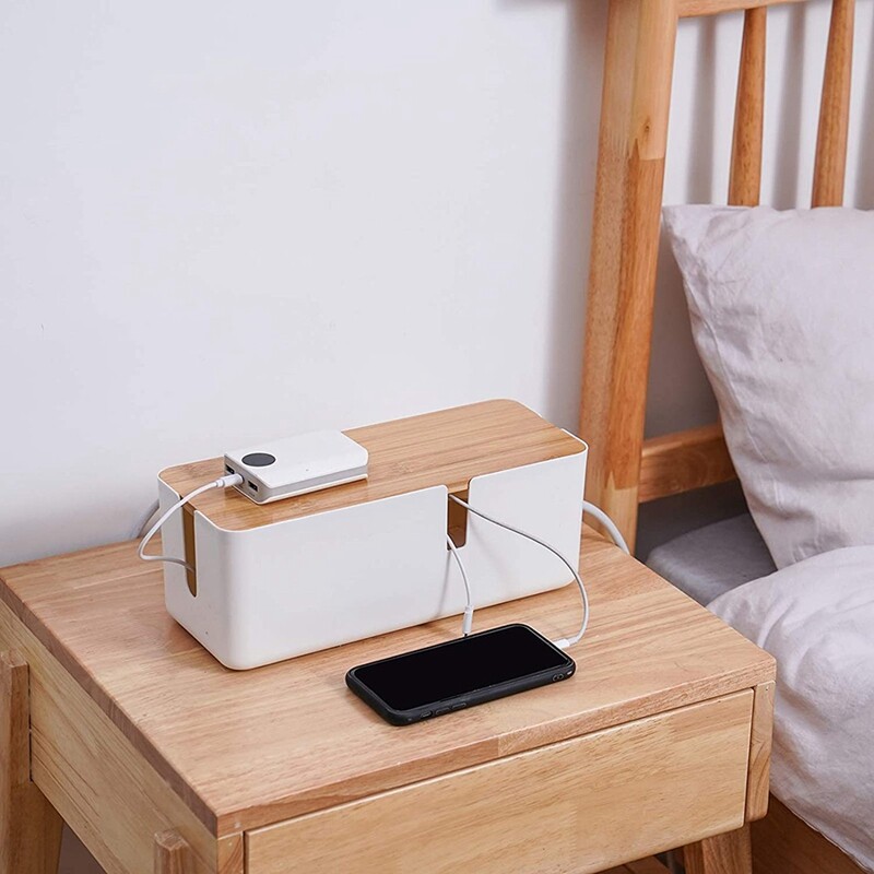 Cable Management Box with Bamboo Lid Small Cable Organizer Box for ...