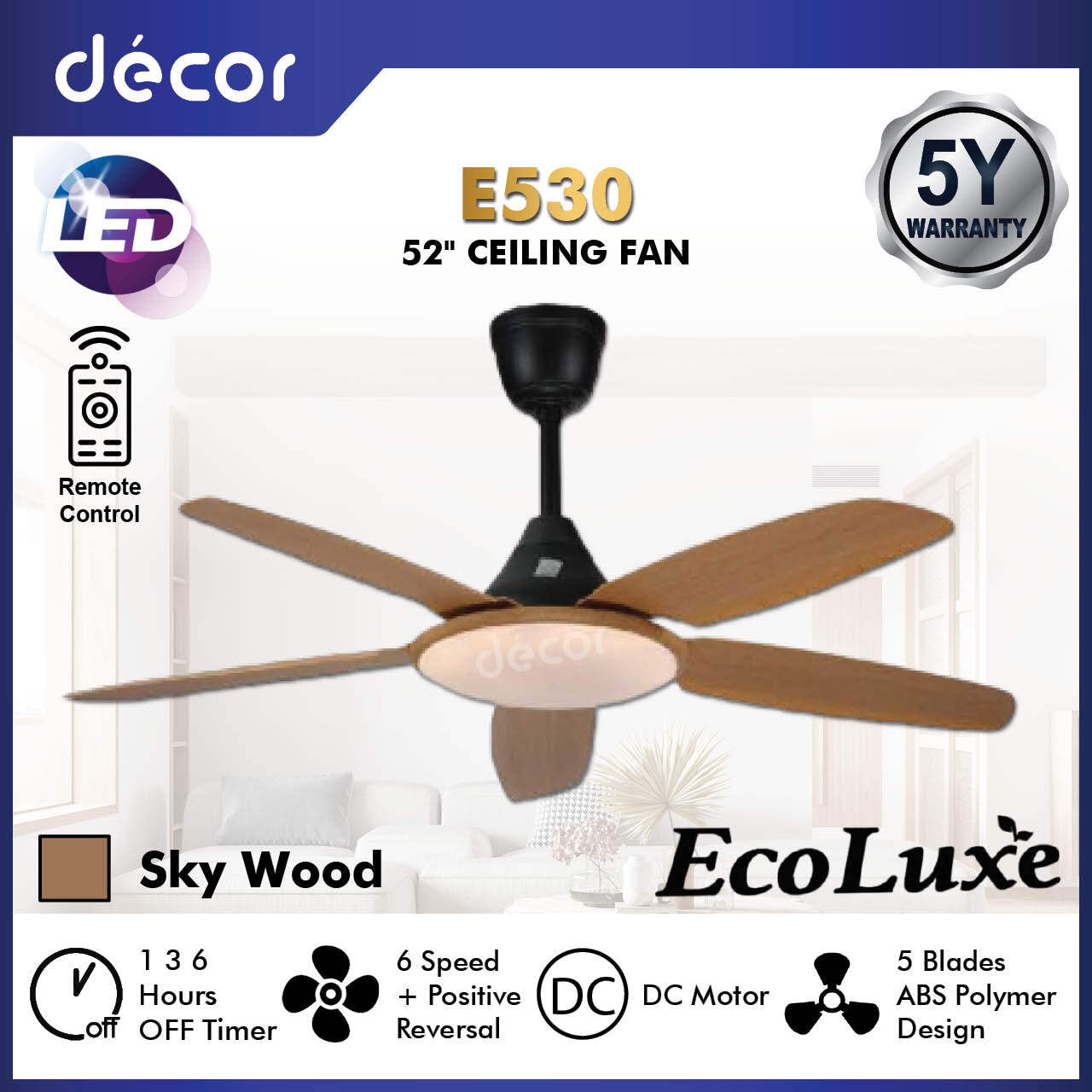 ECOLUXE Fan ECOLUXE E530 ECO-530 52" 5 Blades 6 Speed DC Motor Remote ...