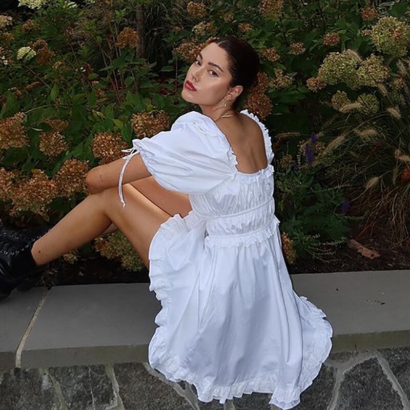 Simon Boho ชุดเดรสสีขาวแขนสั้นพองเด็กผู้หญิงหวานคอสี่เหลี่ยม Ruffles ...