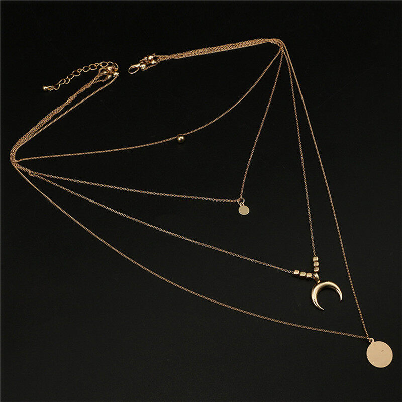 Multilayer Choker Horn Long Crescent Moon Pendant Necklace Chain ...