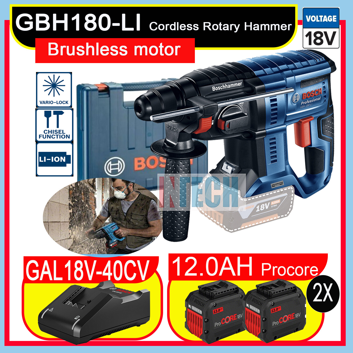 BOSCH GBH180-LI CORDLESS ROTARY HAMMER (BRUSHLESS MOTOR) C/W 2NOS 12 ...