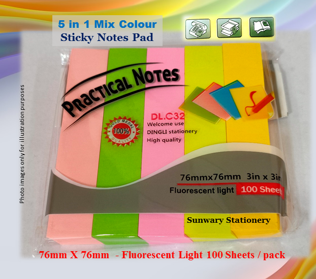 Sticky Notes Pad - 5 Color in 1 Pack, 76mm X 76mm (3" X 3"), Sticky ...