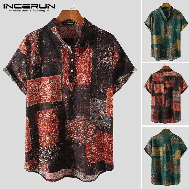 (สไตล์) INCERUN Vintgaeผู้ชายแขนสั้นเสื้อT Floral Casual Henleyเสื้อ ...