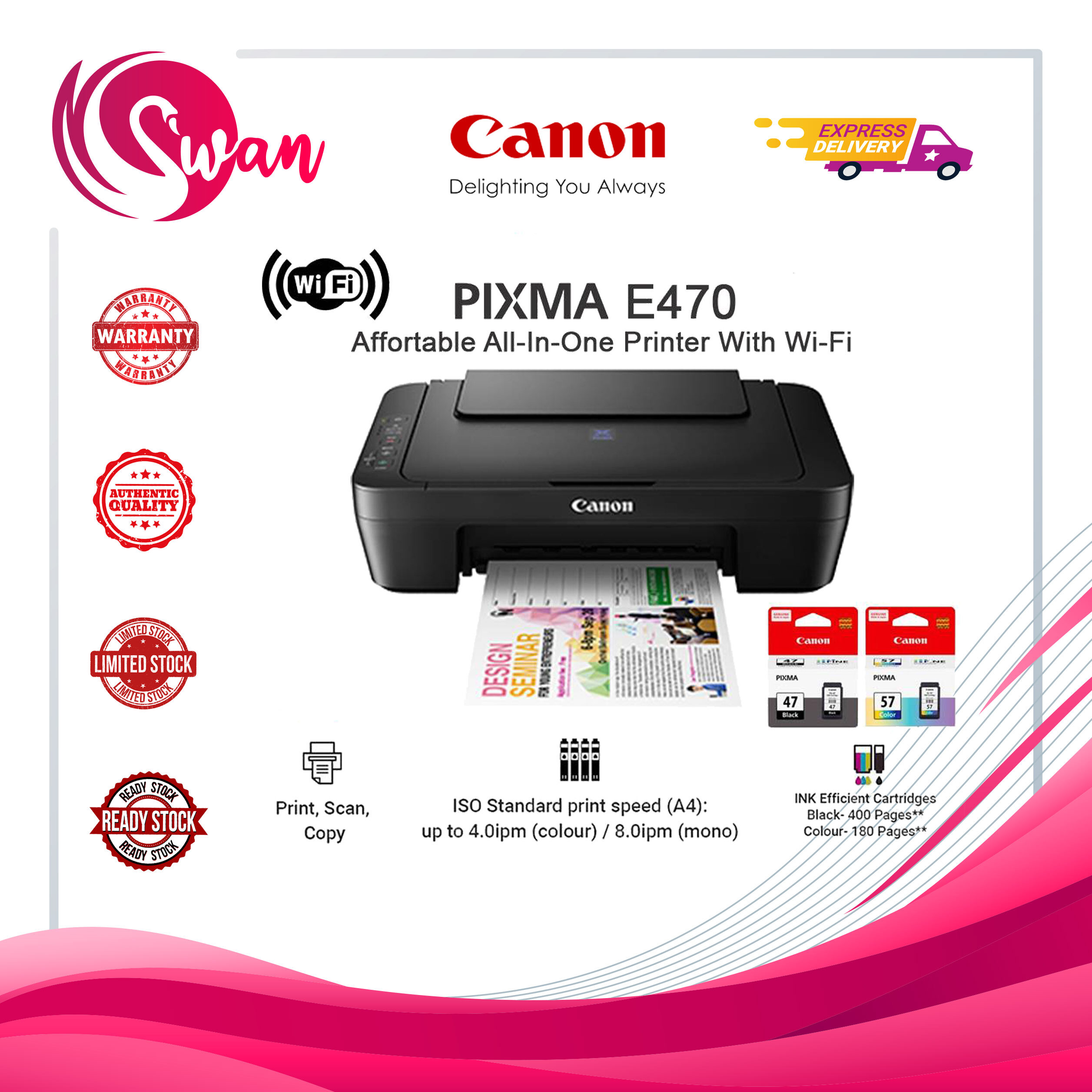 *READY STOCK* CANON PIXMA E470 Wireless E Series All In One Printer - Included 1 set Starter Ink ...