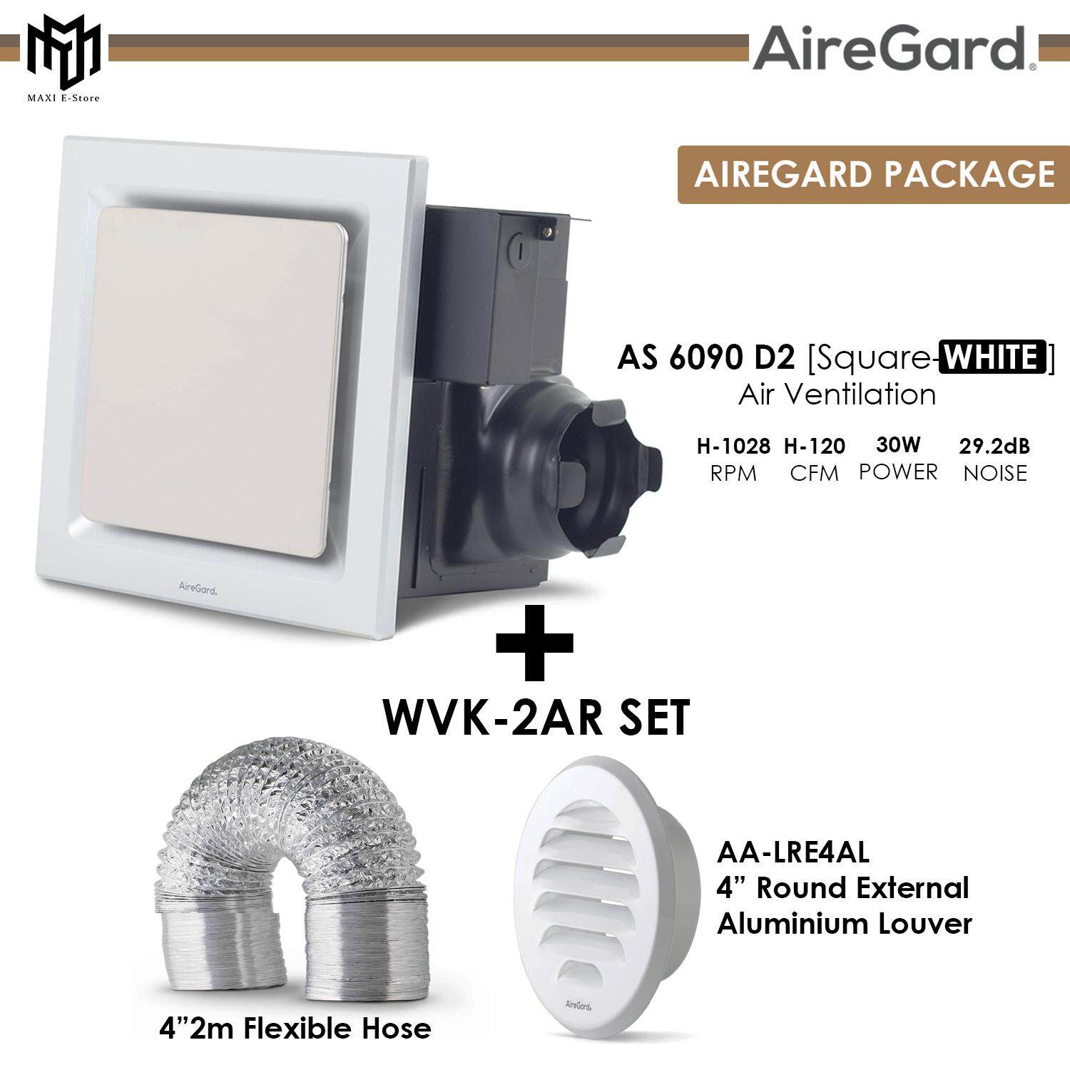 [COMBO SET] AireGard AS-6090 D2 Air Ventilation Exhaust Fan Silent Series (Square) (White) 80cfm ...