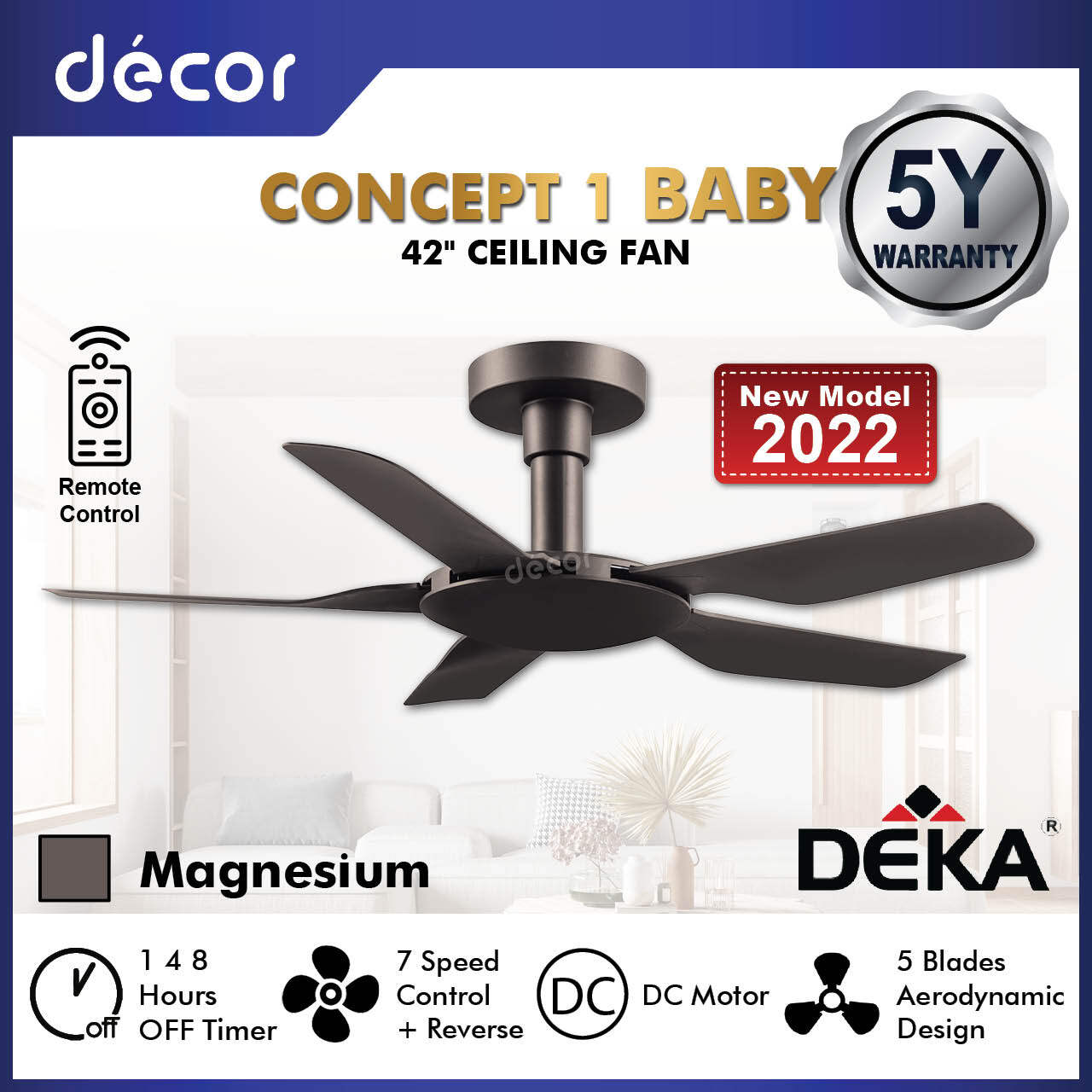 DEKA Fan DEKA CONCEPT 1 BABY 42" 5 Blades 7 Speed Forward + Reverse DC ...