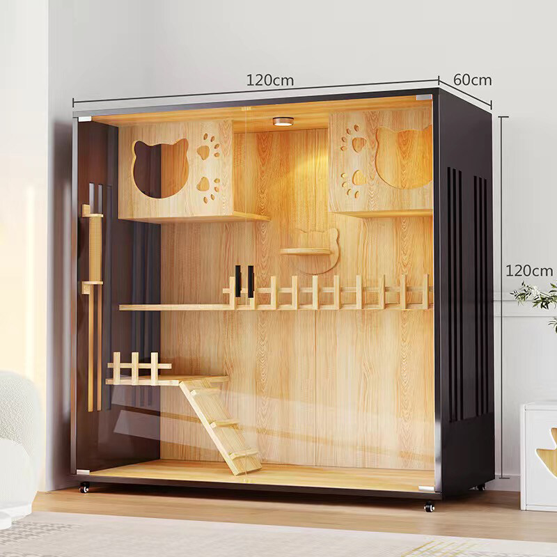 🔥Ready Stock🔥 Cat villa solid wood cat cage Premium Wood Tempered Glass Cat Villa Cat House ...