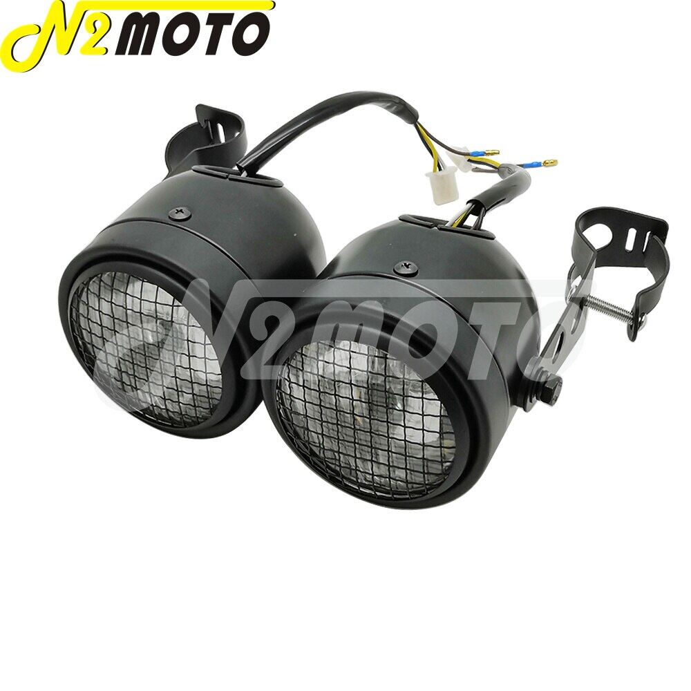 Black Motorcycle Cafe Racer Retro Twin Headlight Holder Fork Double ...